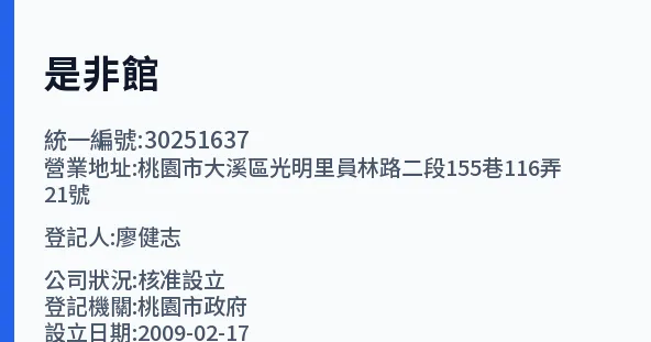 是非館的照片-統編 30251637(桃園市) 公司登記資料與營業項目詳細圖表
