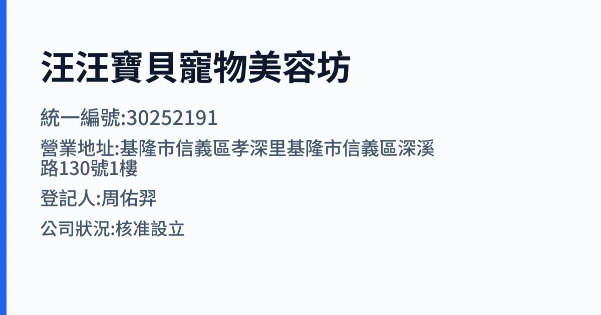 汪汪寶貝寵物美容坊 - 統編 30252191(基隆市) 公司登記資料與營業項目詳細圖表