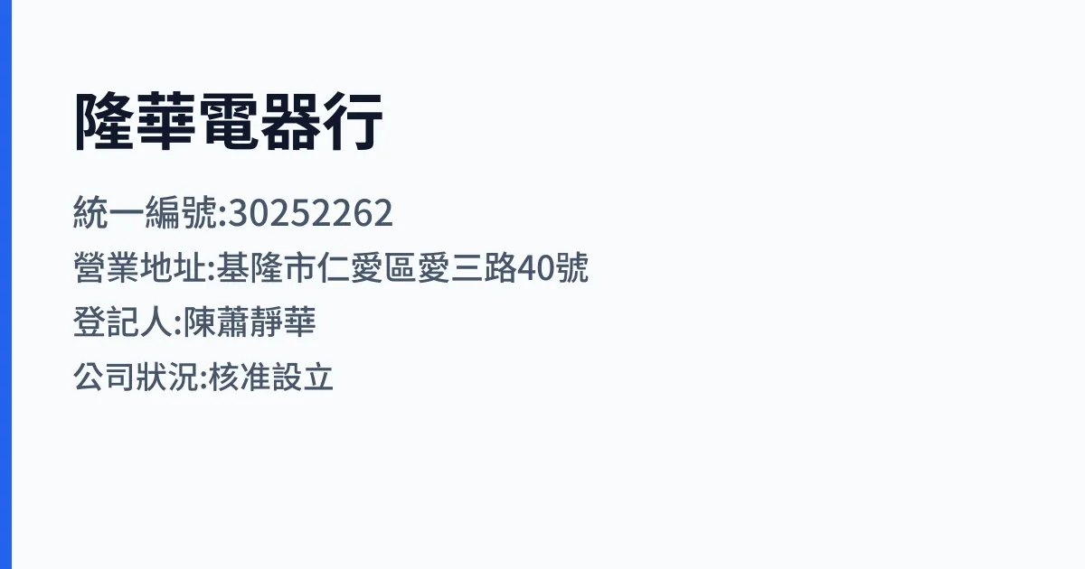 隆華電器行 - 統編 30252262(基隆市) 公司登記資料與營業項目詳細圖表