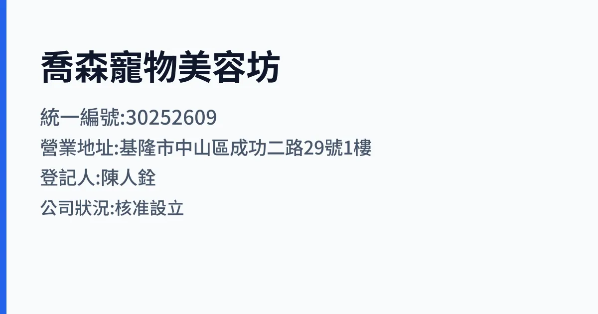 喬森寵物美容坊 - 統編 30252609(基隆市) 公司登記資料與營業項目詳細圖表