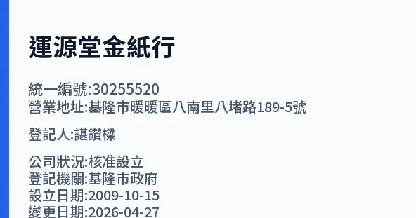 運源堂金紙行的照片-統編 30255520(基隆市) 公司登記資料與營業項目詳細圖表