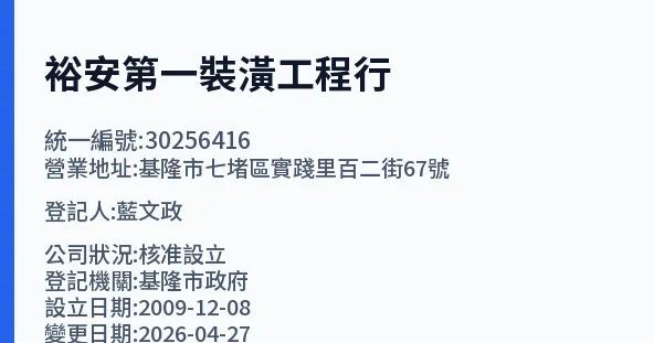 裕安第一裝潢工程行的照片-統編 30256416(基隆市) 公司登記資料與營業項目詳細圖表
