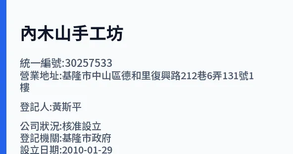 內木山手工坊的照片-統編 30257533(基隆市) 公司登記資料與營業項目詳細圖表