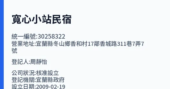 寬心小站民宿的照片-統編 30258322(宜蘭縣) 公司登記資料與營業項目詳細圖表