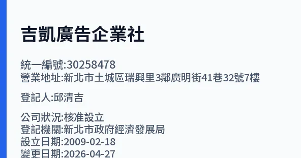 吉凱廣告企業社的照片-統編 30258478(新北市) 公司登記資料與營業項目詳細圖表