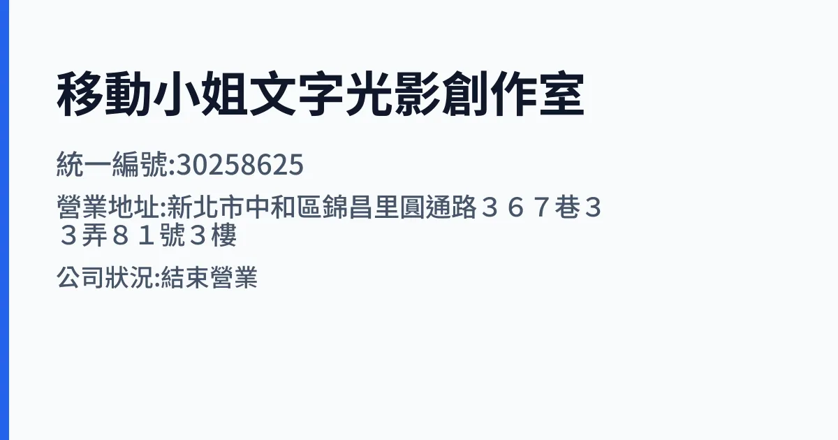 移動小姐文字光影創作室 - 統編 30258625(新北市) 公司登記資料與營業項目詳細圖表