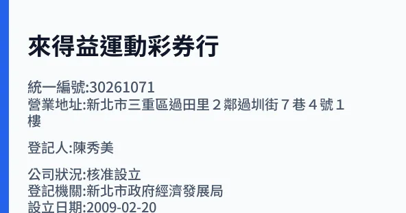 來得益運動彩券行的照片-統編 30261071(新北市) 公司登記資料與營業項目詳細圖表