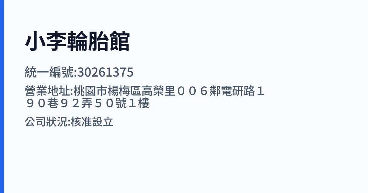 小李輪胎館 - 統編 30261375(桃園市) 公司登記資料與營業項目詳細圖表
