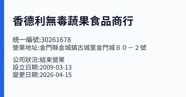香德利無毒蔬果食品商行的照片-統編 30261678(金門縣) 公司登記資料與營業項目詳細圖表