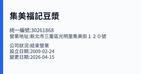 集美福記豆漿的照片-統編 30261868(新北市) 公司登記資料與營業項目詳細圖表