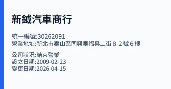 新鉞汽車商行的照片-統編 30262091(新北市) 公司登記資料與營業項目詳細圖表