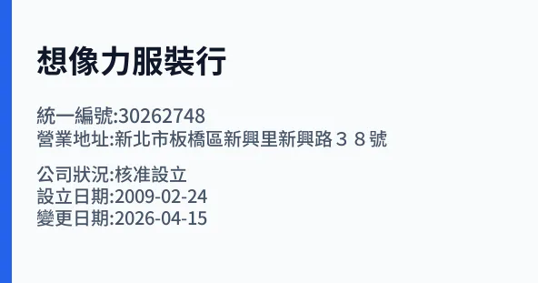 想像力服裝行的照片-統編 30262748(新北市) 公司登記資料與營業項目詳細圖表