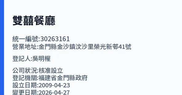 雙囍餐廳的照片-統編 30263161(金門縣) 公司登記資料與營業項目詳細圖表