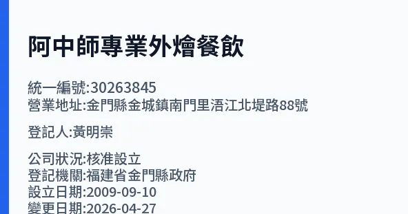 阿中師專業外燴餐飲的照片-統編 30263845(金門縣) 公司登記資料與營業項目詳細圖表