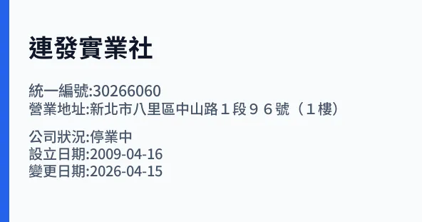 連發實業社的照片-統編 30266060(新北市) 公司登記資料與營業項目詳細圖表