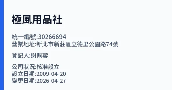 極風用品社的照片-統編 30266694(新北市) 公司登記資料與營業項目詳細圖表