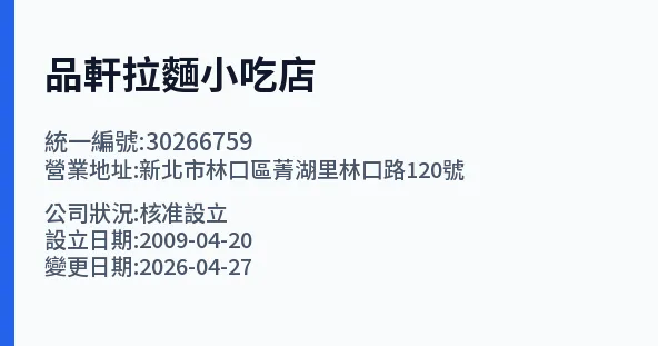 品軒拉麵小吃店的照片-統編 30266759(新北市) 公司登記資料與營業項目詳細圖表