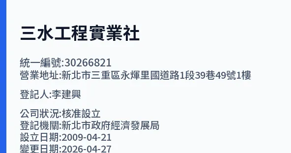 三水工程實業社的照片-統編 30266821(新北市) 公司登記資料與營業項目詳細圖表