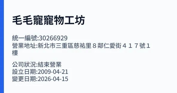 毛毛寵寵物工坊的照片-統編 30266929(新北市) 公司登記資料與營業項目詳細圖表