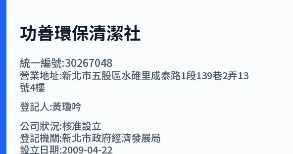 功善環保清潔社的照片-統編 30267048(新北市) 公司登記資料與營業項目詳細圖表