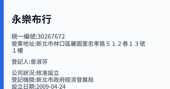 永樂布行的照片-統編 30267672(新北市) 公司登記資料與營業項目詳細圖表
