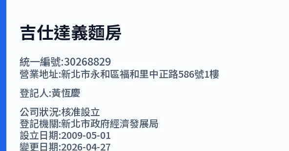 吉仕達義麵房的照片-統編 30268829(新北市) 公司登記資料與營業項目詳細圖表