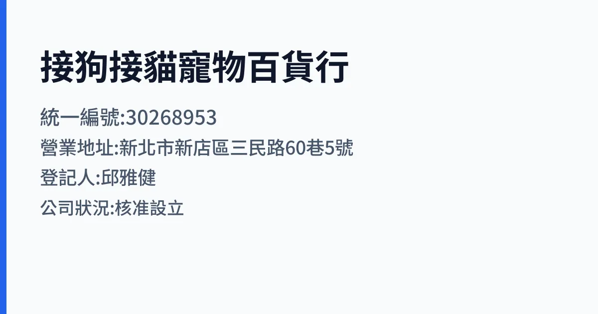 接狗接貓寵物百貨行 - 統編 30268953(新北市) 公司登記資料與營業項目詳細圖表