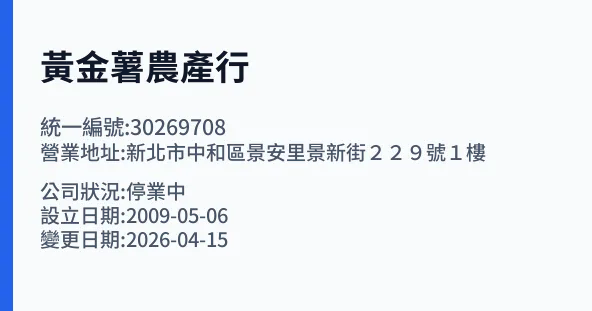 黃金薯農產行的照片-統編 30269708(新北市) 公司登記資料與營業項目詳細圖表