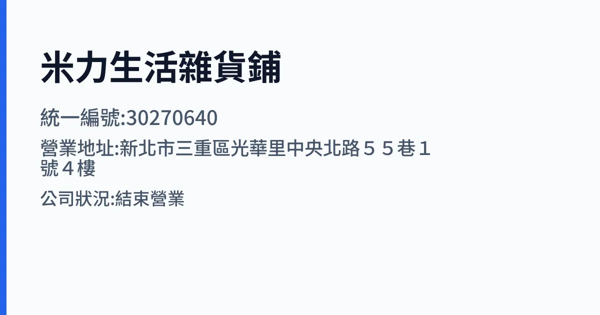 米力生活雜貨鋪 - 統編 30270640(新北市) 公司登記資料與營業項目詳細圖表