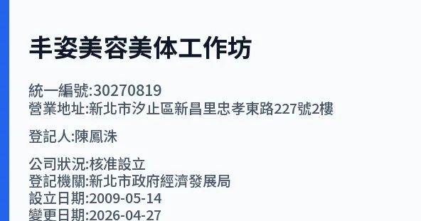 丰姿美容美体工作坊的照片-統編 30270819(新北市) 公司登記資料與營業項目詳細圖表