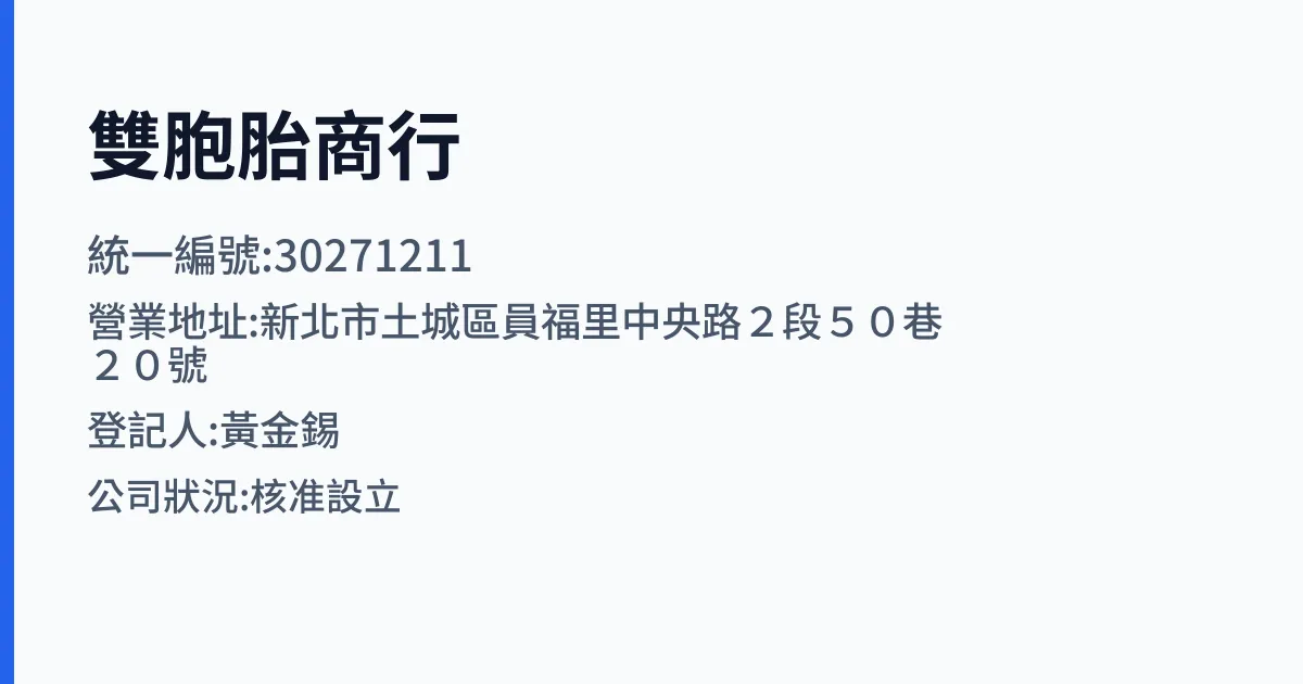 雙胞胎商行 - 統編 30271211(新北市) 公司登記資料與營業項目詳細圖表