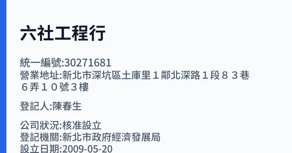 六社工程行的照片-統編 30271681(新北市) 公司登記資料與營業項目詳細圖表
