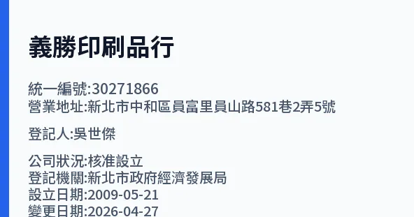 義勝印刷品行的照片-統編 30271866(新北市) 公司登記資料與營業項目詳細圖表