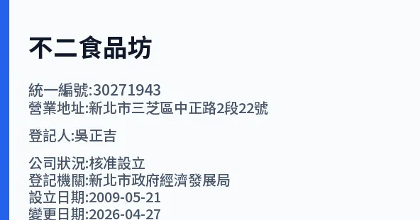 不二食品坊的照片-統編 30271943(新北市) 公司登記資料與營業項目詳細圖表