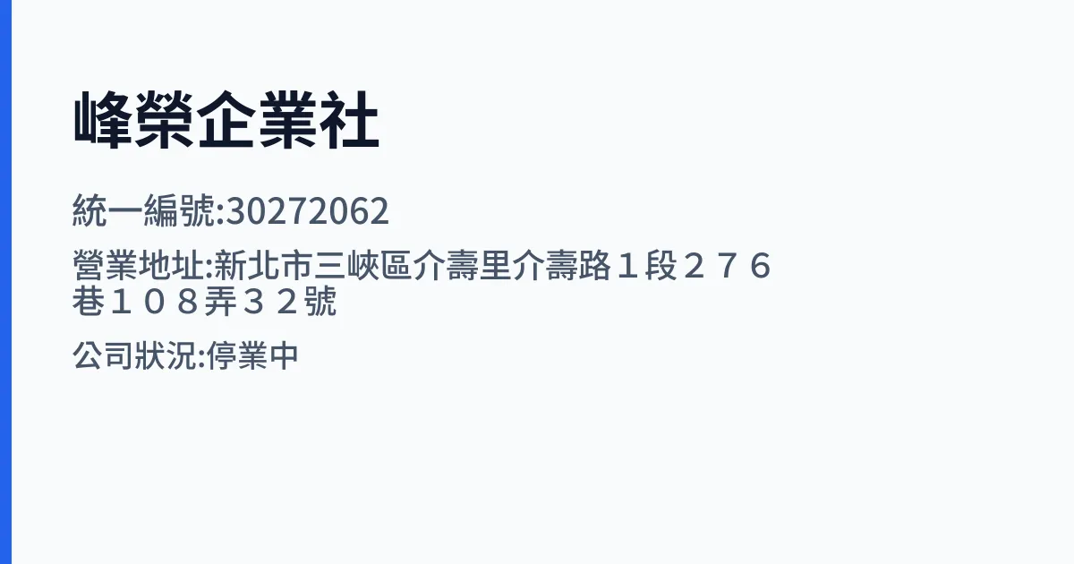 峰榮企業社 - 統編 30272062(新北市) 公司登記資料與營業項目詳細圖表