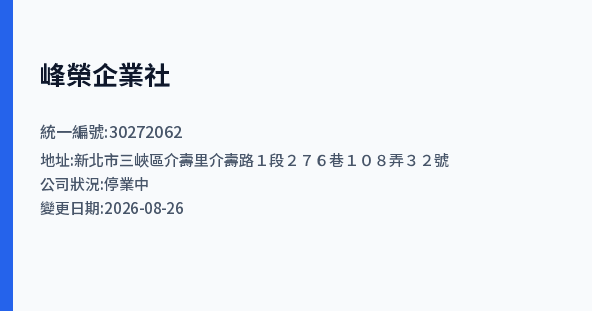 峰榮企業社的照片-統編 30272062(新北市) 公司登記資料與營業項目詳細圖表