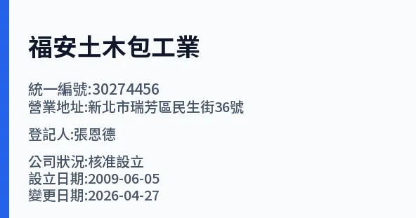 福安土木包工業的照片-統編 30274456(新北市) 公司登記資料與營業項目詳細圖表