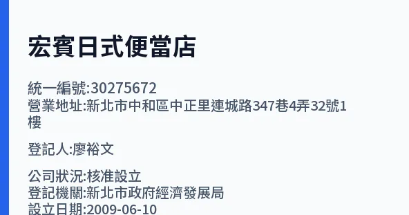 宏賓日式便當店的照片-統編 30275672(新北市) 公司登記資料與營業項目詳細圖表