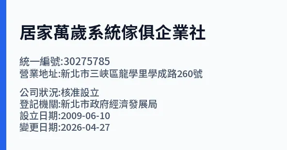 居家萬歲系統傢俱企業社的照片-統編 30275785(新北市) 公司登記資料與營業項目詳細圖表