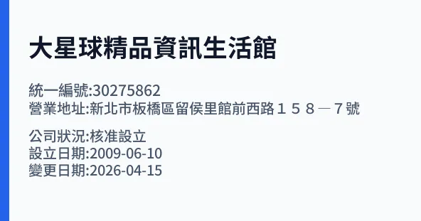 大星球精品資訊生活館的照片-統編 30275862(新北市) 公司登記資料與營業項目詳細圖表