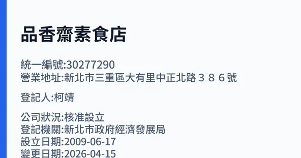 品香齋素食店的照片-統編 30277290(新北市) 公司登記資料與營業項目詳細圖表