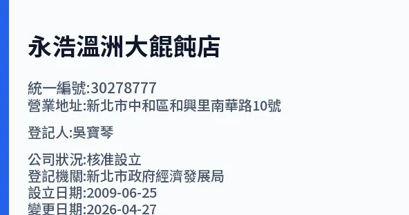 永浩溫洲大餛飩店的照片-統編 30278777(新北市) 公司登記資料與營業項目詳細圖表