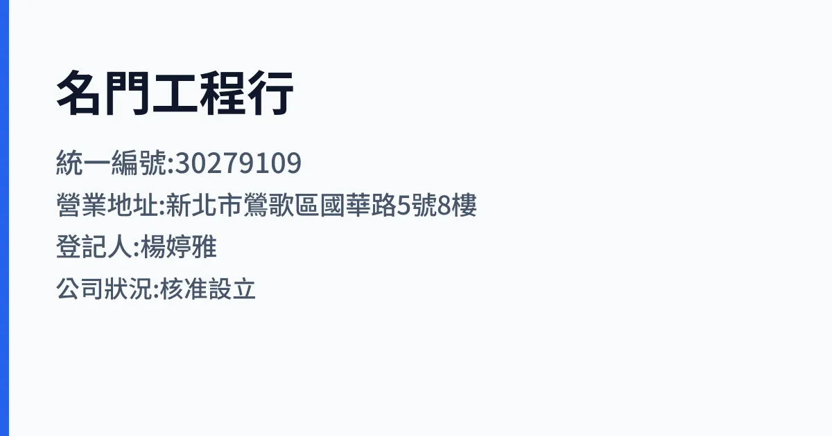 名門工程行 - 統編 30279109(新北市) 公司登記資料與營業項目詳細圖表