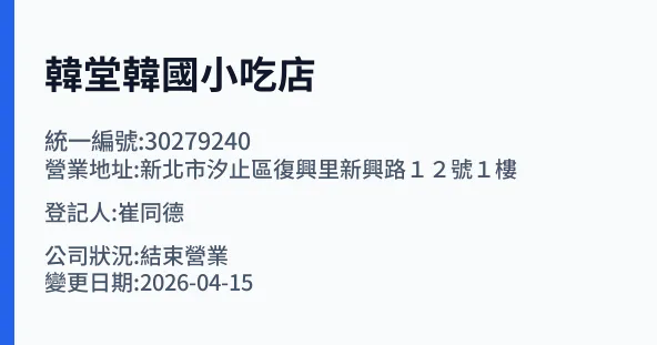 韓堂韓國小吃店的照片-統編 30279240(新北市) 公司登記資料與營業項目詳細圖表