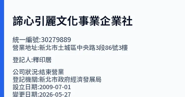 諦心引麗文化事業企業社的照片-統編 30279889(新北市) 公司登記資料與營業項目詳細圖表