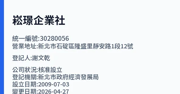 崧璟企業社的照片-統編 30280056(新北市) 公司登記資料與營業項目詳細圖表