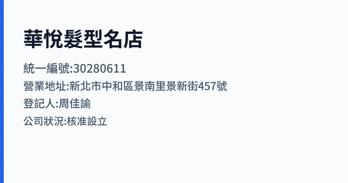 華悅髮型名店 - 統編 30280611(新北市) 公司登記資料與營業項目詳細圖表