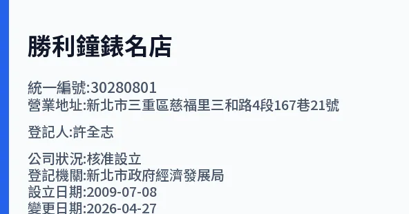 勝利鐘錶名店的照片-統編 30280801(新北市) 公司登記資料與營業項目詳細圖表