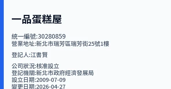 一品蛋糕屋的照片-統編 30280859(新北市) 公司登記資料與營業項目詳細圖表