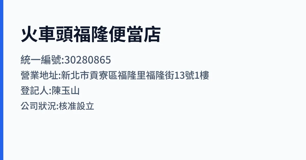 火車頭福隆便當店 - 統編 30280865(新北市) 公司登記資料與營業項目詳細圖表